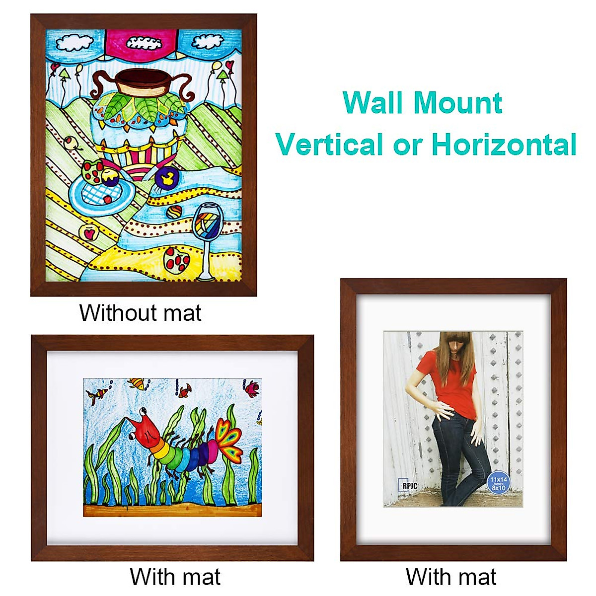 RPJC 11x14 inch Picture Frame Made of Solid Wood and High Definition Glass Display Pictures 8x10 with Mat or 11x14 Without Mat for Table Top Display and Wall Mounting Photo Frame with Stand Brown