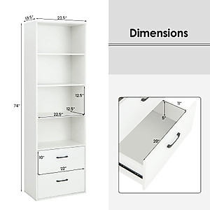 Tangkula 4 Shelf Bookcase with 2 Drawers, 74 Inch 4 Tiers Tall Open Bookshelf with 2 Slide-Out Drawers, Anti-toppling Device, Freestanding Wood Storage Shelf for Home Office (White, 74" H)