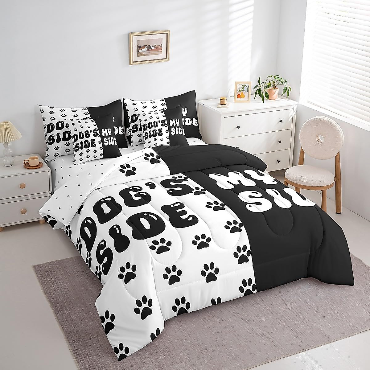 7 Pieces King Size Cute Dog Paws Print Comforter Set,Dog Side My Side Bedding Set for Boys Girls,Kawaii Puppy Animal Pet Rustic (Comforter+Fitted+Flat Sheet+2 Pillowcases+2 Throw Pillow Covers)