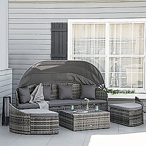 Outsunny Outdoor Daybed with Retractable Canopy 4 Pieces Wicker Rattan Sectional Sofa Set Patio Furniture with Washable Cushions for Lawn, Garden, Backyard, Poolside, Grey