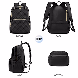 LOVEVOOK Laptop Backpack for Women, Quilted Laptop Bag Travel Backpack Purse With Anti-Theft Zipper, Stylish 15.6 Inch Work Computer Bags College School Bookbag with USB Charging Port, Black