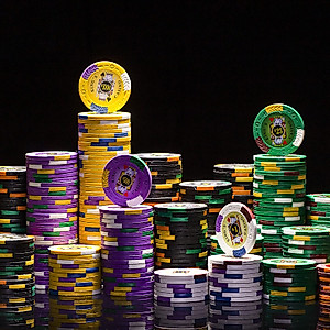 MBGBrybelly King's Casino Poker Chip Set in Wooden Carousel Carry Case - Casino Clay Composite 14-Gram Quality Chips - Convenient Rotating Tray Includes Playing Card Decks - Chip Protection (300 ct)