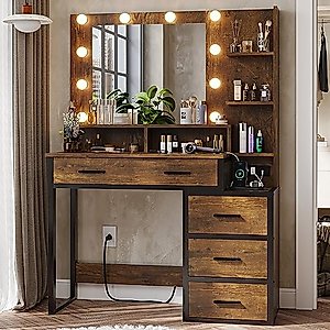 Tiptiper Vintage Vanity Desk, Makeup Vanity with Mirror and 10 LED Lights, 3 Lighting Modes, Makeup Table with 2 USB Ports and Outlets, Vanity Table with 5 Drawers,Nightstand and Storage Shelves
