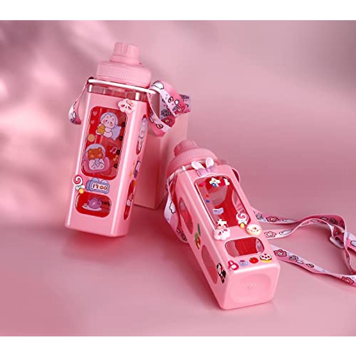 NEWSTYP Kawaii Bear Pastel Water Bottle With 3D Sticker 700ml Plastic Travel Tea Juice Milk Portable Cute Shaker Drink Bottle Gift (Pink)