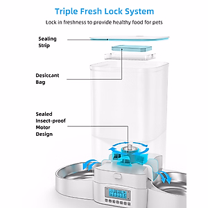 HoneyGuaridan Automatic Cat Feeder for Two Cats,5L Cat Food Dispenser with 2 Stainless Steel Bowl,Timed Cat Feeder Programmable 1-6 Meals Control, Dual Power Supply,Desiccant Bag,10s Meal Call(White)