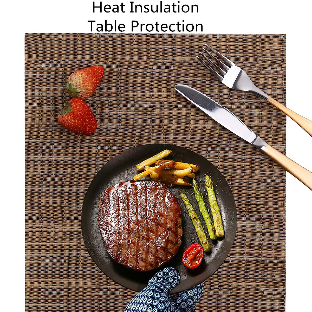 Myir JUN Place Mats, Table Mats Set of 8 Indoor Placemats Washable Non-Slip Heatproof Woven Placemats for Dining Table Fabric Place Mat PVC (Light Brown, Set of 8)