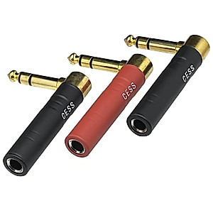 CNCESS CESS-237 Headphone / Earphone Right-Angle Adapter, 6.35mm 1/4-inch TRS Stereo Female to Male, 3-Pack (2 Black + 1 Red)