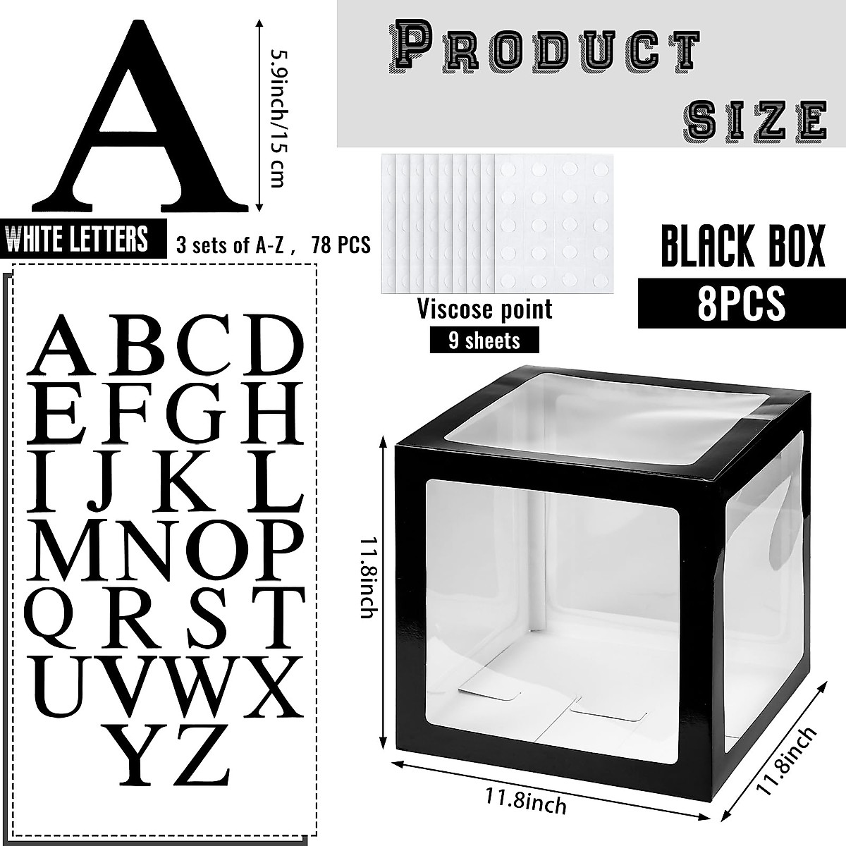 Geyee 8 Pieces Balloon Box Decoration, Transparent Block with 78 Letters/ 3-Sets of A-Z for Halloween Decor Bride Shower, Baby Shower, Christmas Halloween Supplies, Birthday Boxes(Black)