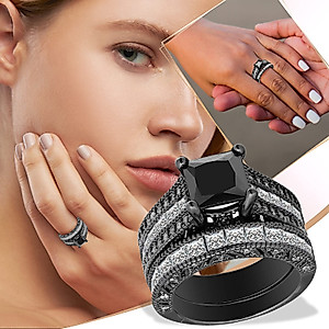 AIMAOMI Womens Two in One Ring Set Elegant Engagement Rings Square Cut Solitaire Inlaid Zircon Bridal Wedding Band (Black, 8)