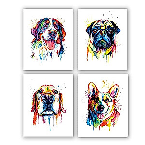 4 Set Lovely Dog Canvas Wall Art-Puppy Positive Quote Art Print,Lovely Dog Canvas Wall Art,Pet Canvas Painting Puppy Artwork,Burnese Mountain Dog bright and colorful art print,Colorful and splashy CORGI Art Print,Colorful Golden Retriever Art Print,Colorf