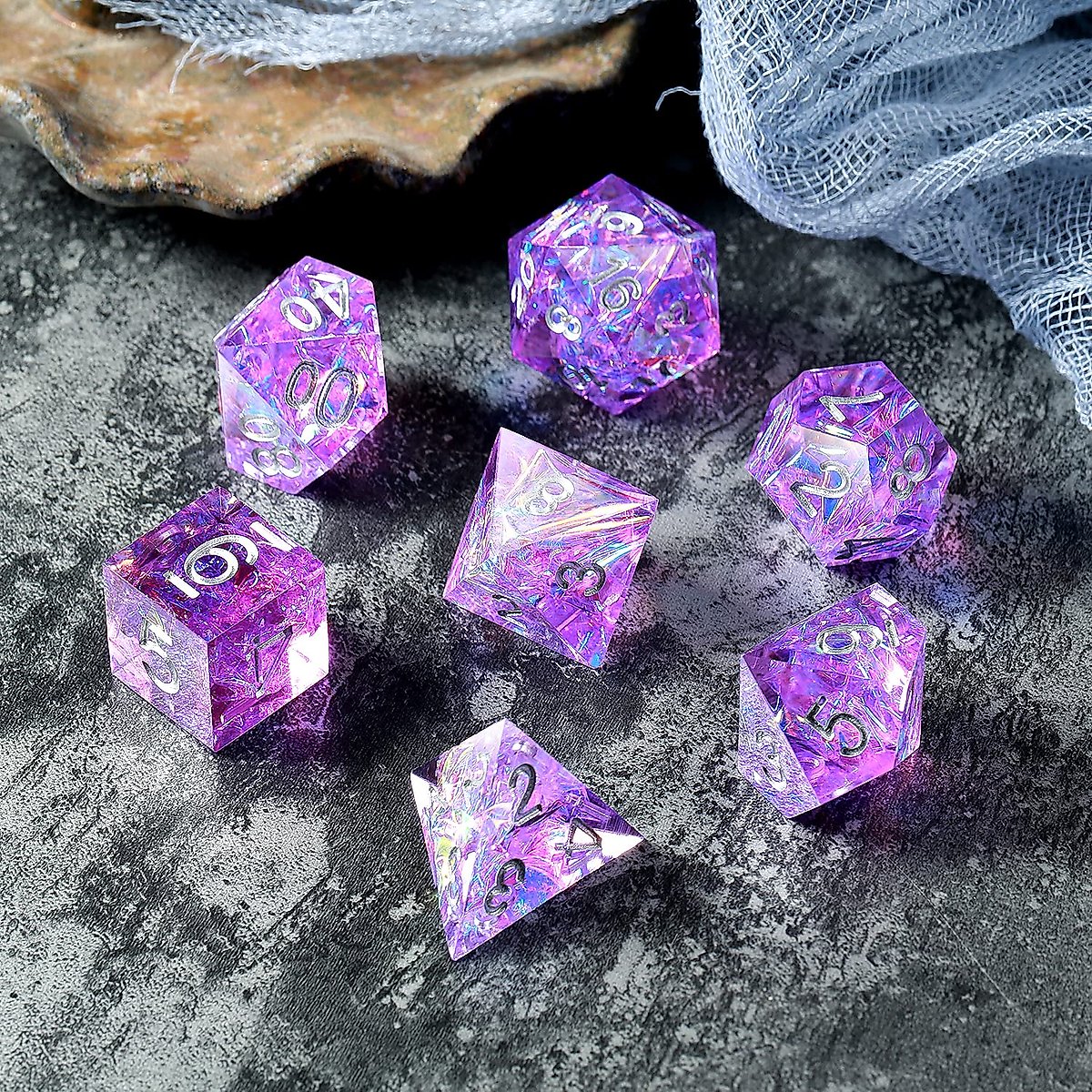 DNDND Sharp Edge Dice Set,Handmade 7 Piece DND Dice with Gift Case for DND Dungeons and Dragon Game (Purple with Silver Number)