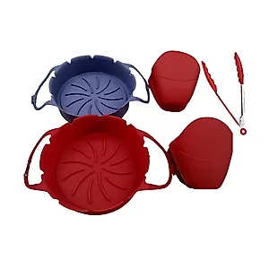 Air Fryer Silicone Liners Round Reusable Air Fryer Silicone Accessories Set 2 Mitts and Tongs Air Fryer Silicone Basket Multipurpose Air Fryer Accessory mat
