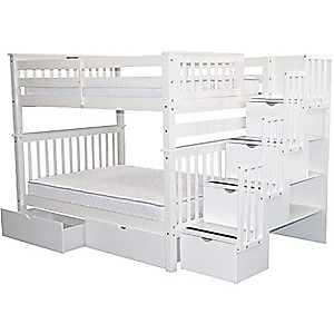 Bedz King Stairway Bunk Beds Full over Full with 4 Drawers in the Steps and 2 Under Bed Drawers, White