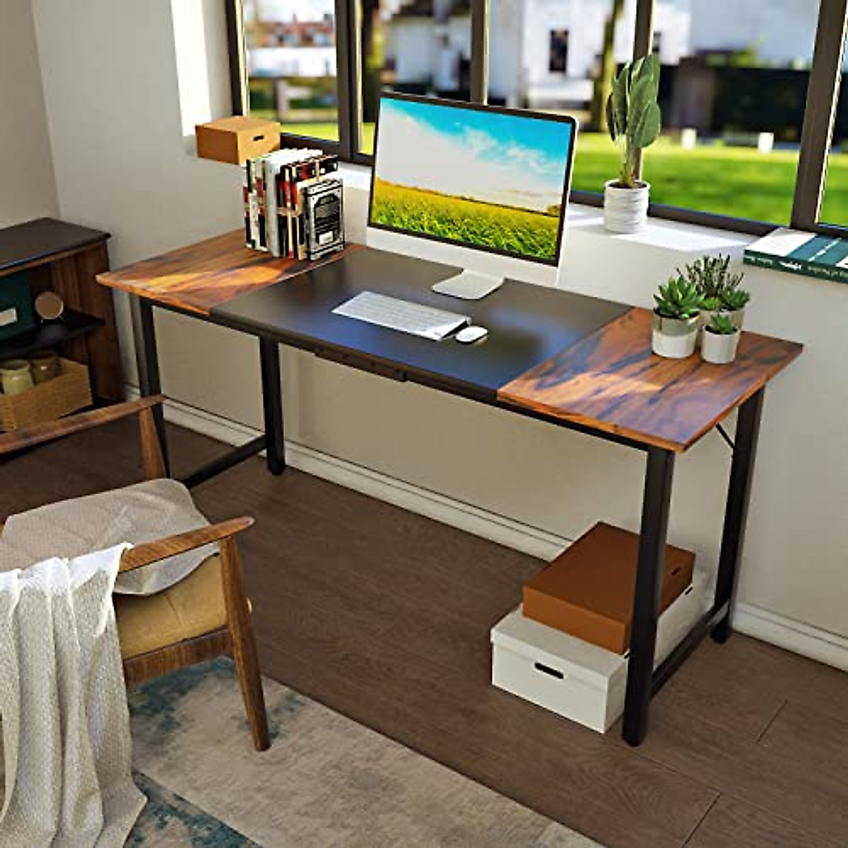 COSTWAY 63” Computer Desk, Modern Home Office Desk, Sturdy Steel Frame Writing Desk with Spacious Splice Desktop, Simple Laptop Desk for Study, Office, Dining Room, Simple Installation