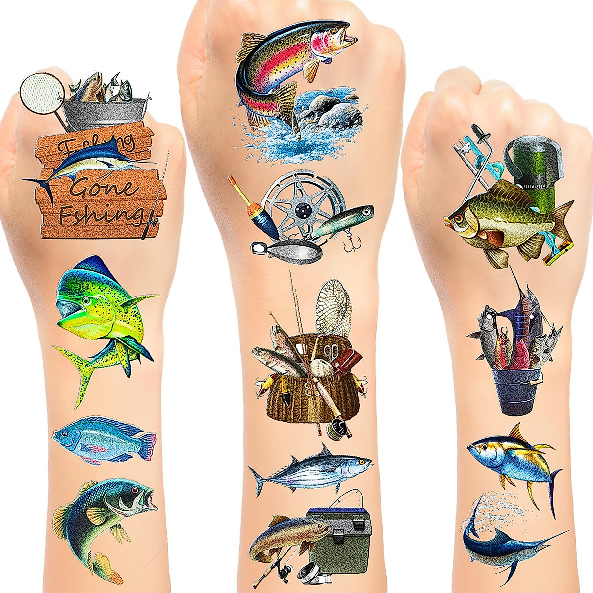 20 Sheets(120PCS) Gone Fishing Fish Temporary Tattoos Gone Fishing Party Favor for Birthday Party Supplies Fishing Party Decorations, Fathers Day, Retirement, Baby Shower for Kids Boys Adults
