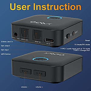 YMOO Optical Bluetooth 5.3 Transmitter Receiver for Speaker/TV/Bluetooth Headphones, 3.5mm Jack AUX Bluetooth Audio Adapter for Airplane, AptX Low Latency,130ft Range for Tablet/Smartphone,Dual Link