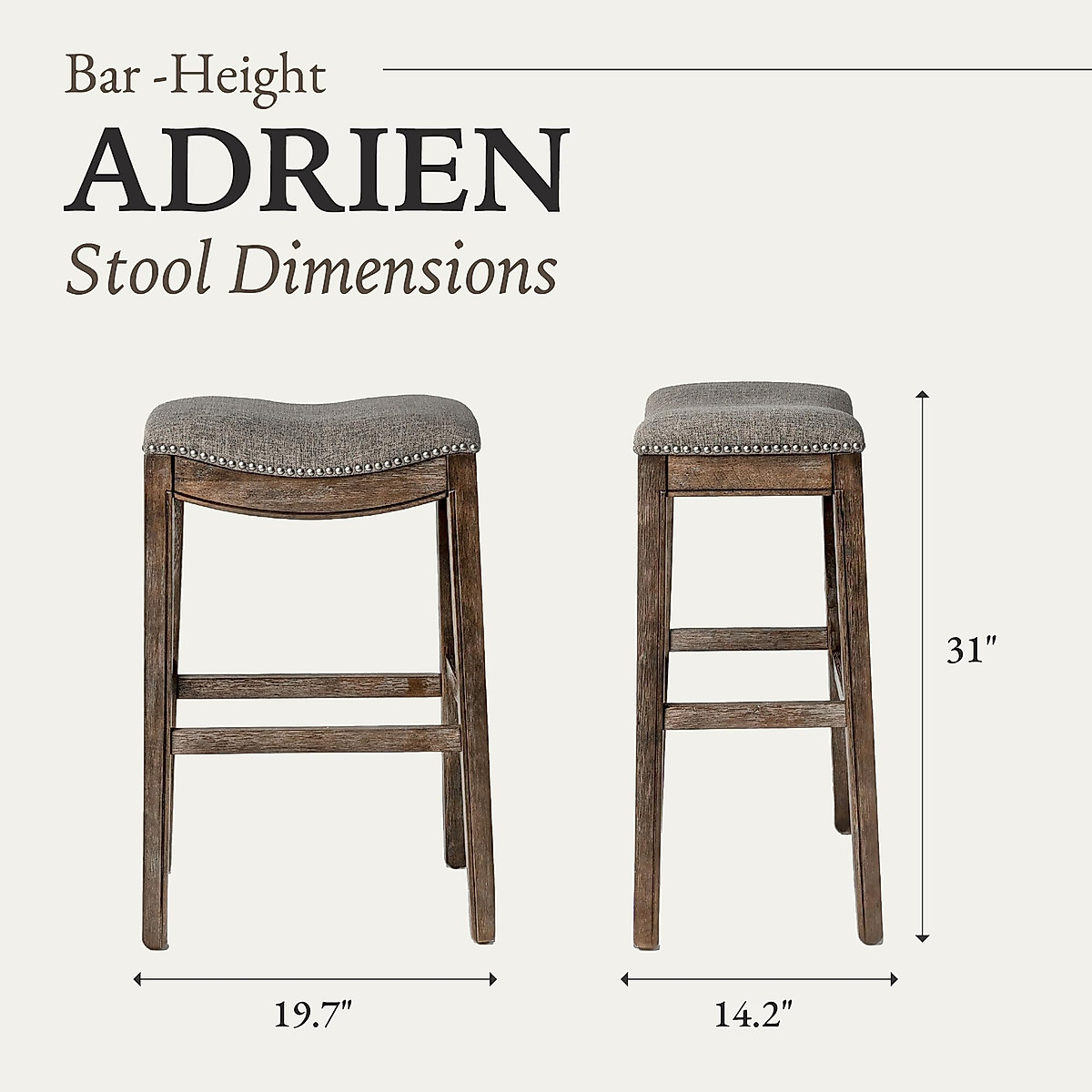 Maven Lane Adrien 31 Inch Bar Height Upholstered Backless Saddle Barstool in Dark Walnut Finish with Ash Grey Fabric Cushion Seat, Set of 2