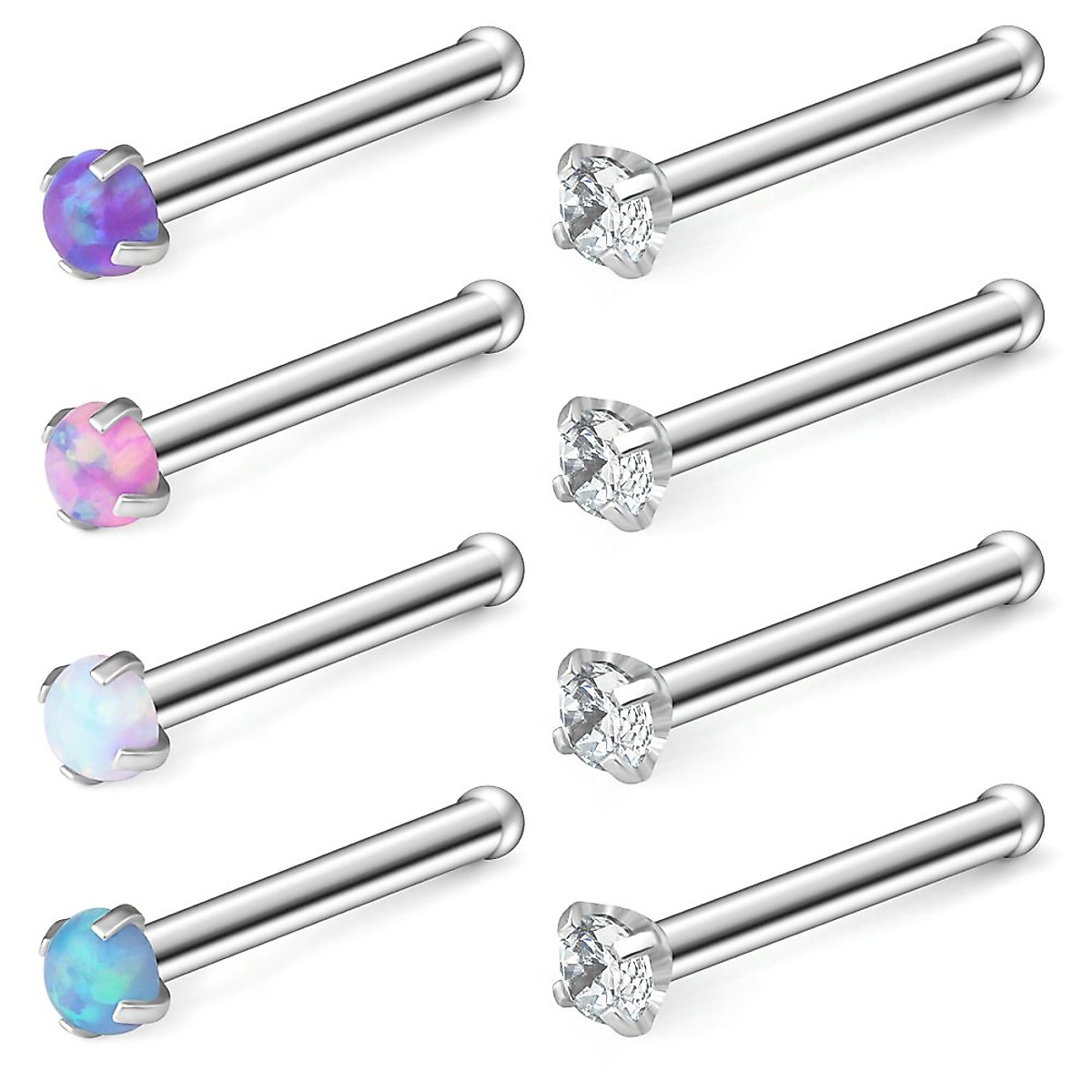 Ruifan 18G 316L Surgical Steel 1.5mm Mix Color Opal & Clear CZ Nose Bone Rings Studs Ring Body Piercing Jewelry 8PCS