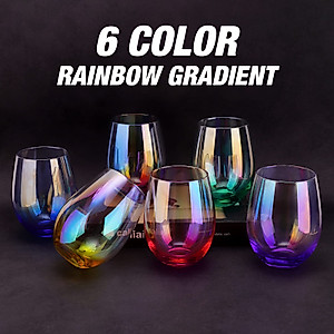 NiHome Stemless Wine Glasses 20oz 6-Pack Iridescent Gradient Rainbow Colors Large Water Glasses Margarita Glassware Set Wine Drinking Tumblers