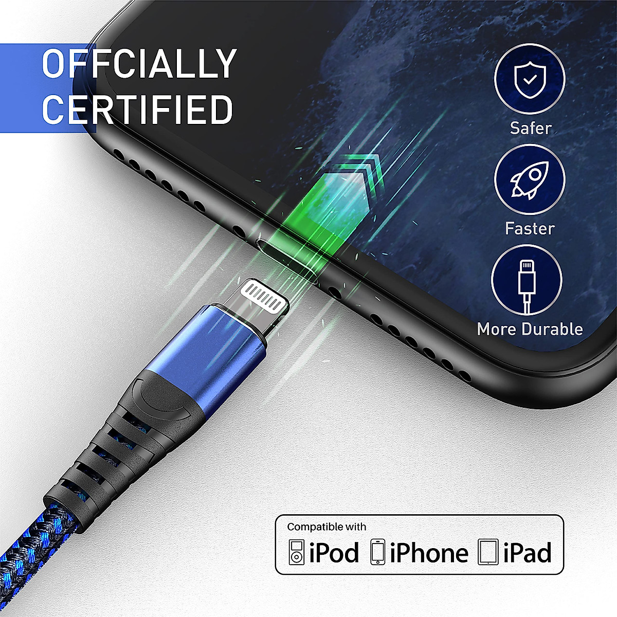 [Apple MFi Certified] 4 Pack iPhone Charger 10ft, Long Lightning Cable Nylon Braided 10 Foot Cord, Fast Charging Cords for iPhone 12 Pro Max/iPhone 12/11Pro Max/12 Pro/11/XS/XR/X/8/iPad,AirPods/Blue