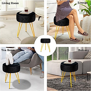 MOOWIND Vanity Stool for Makeup Room Bedroom, Modern Multifunctional Vanity Stools Chair Round Ottoman Velvet Upholstered Seated Foot Rest Dressing Stool with Golden Leg, Side Table End Table,Black