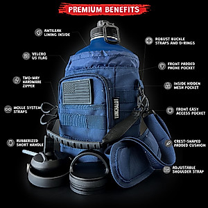 LUNCHALOT 1 Gallon Water Bottle Jug - 128 Oz Insulated Stainless Steel Metal Water Bottle with Holder - Carrying Bag - Spout Handle - Straw Lids - Keep Cold & Hot - Blue Tactical Flask