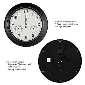 Pure Garden Thermometer 18" Metal Indoor/Outdoor Patio Wall Clock Black