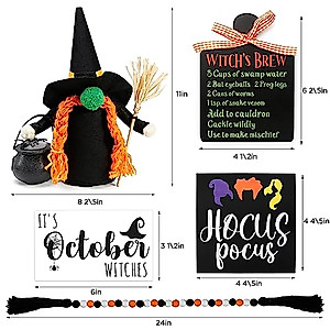 Halloween Decorations - Halloween Decor - Farmhouse Tiered Tray Decor Items - 3 Rustic Wooden Signs, Cute Witch Cauldron Gnomes Plush and Beads Garland for Fall Indoor Home Table Room Kitchen Office