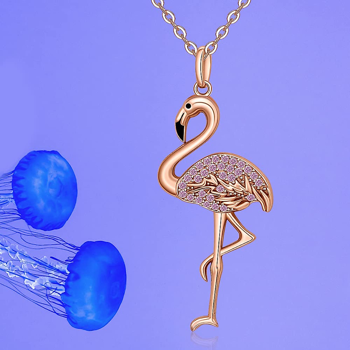 Flamingo Necklace 925 Sterling Silver Animal Bird Rose Gold Plated Crystal Jewelry Pink Flamingo Necklaces for Women Christmas Holiday Gifts