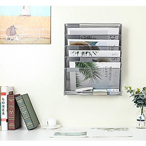 EasyPAG 5 Slot Wall Hanging File Organizer Vertical Office Desk /Wall Mounted File Holder Paper Organizer with Bottom Flat Tray,Black,Silver