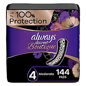 Always Discreet Boutique, Incontinence & Postpartum Pads For Women, Size 4, Moderate Absorbency, Regular Length, 48 Count x 3 Packs (144 Count total)