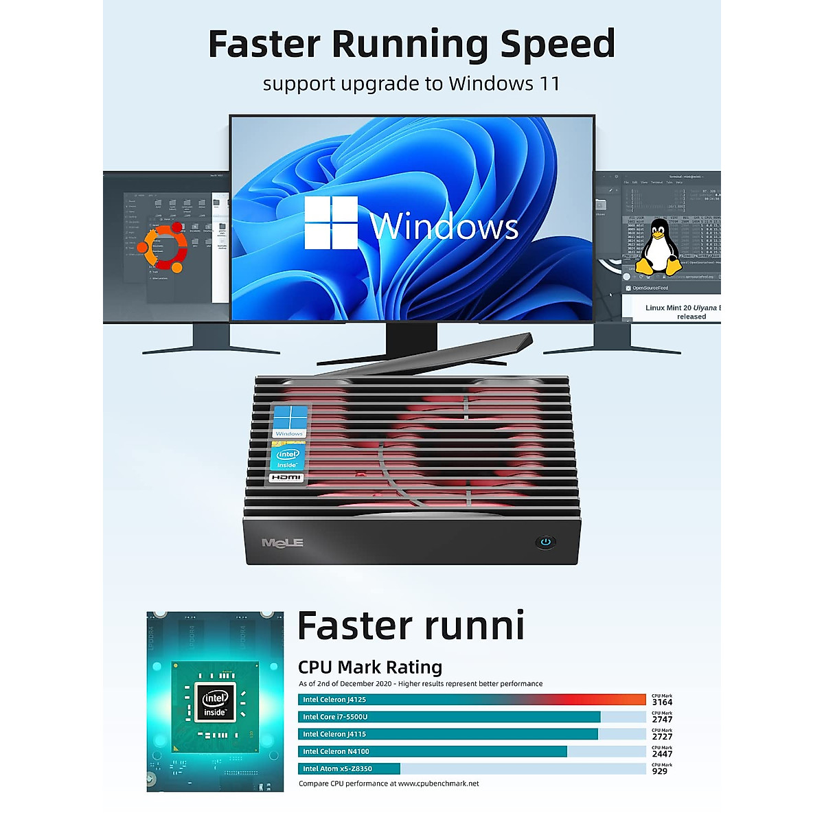 MeLE Fanless Mini PC Computer PCG35 J4125 8GB 128GB Windows-11-Pro Micro PC Support M.2 NVMe SSD 2.5" HDD/SSD 2X HDMI 4K +1x VGA Triple Display WiFi 6 Gigabit Ethernet BT5.2 on Business Office Home