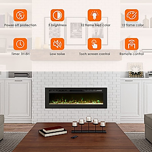 50 Inch Electric Fireplace Inserts, Wall Mounted Fireplace, Recessed Electric Fireplace, Wall Fireplace Electric with Remote Control, Indoor Electric Fireplace, Linear Fireplace, 750/1500W