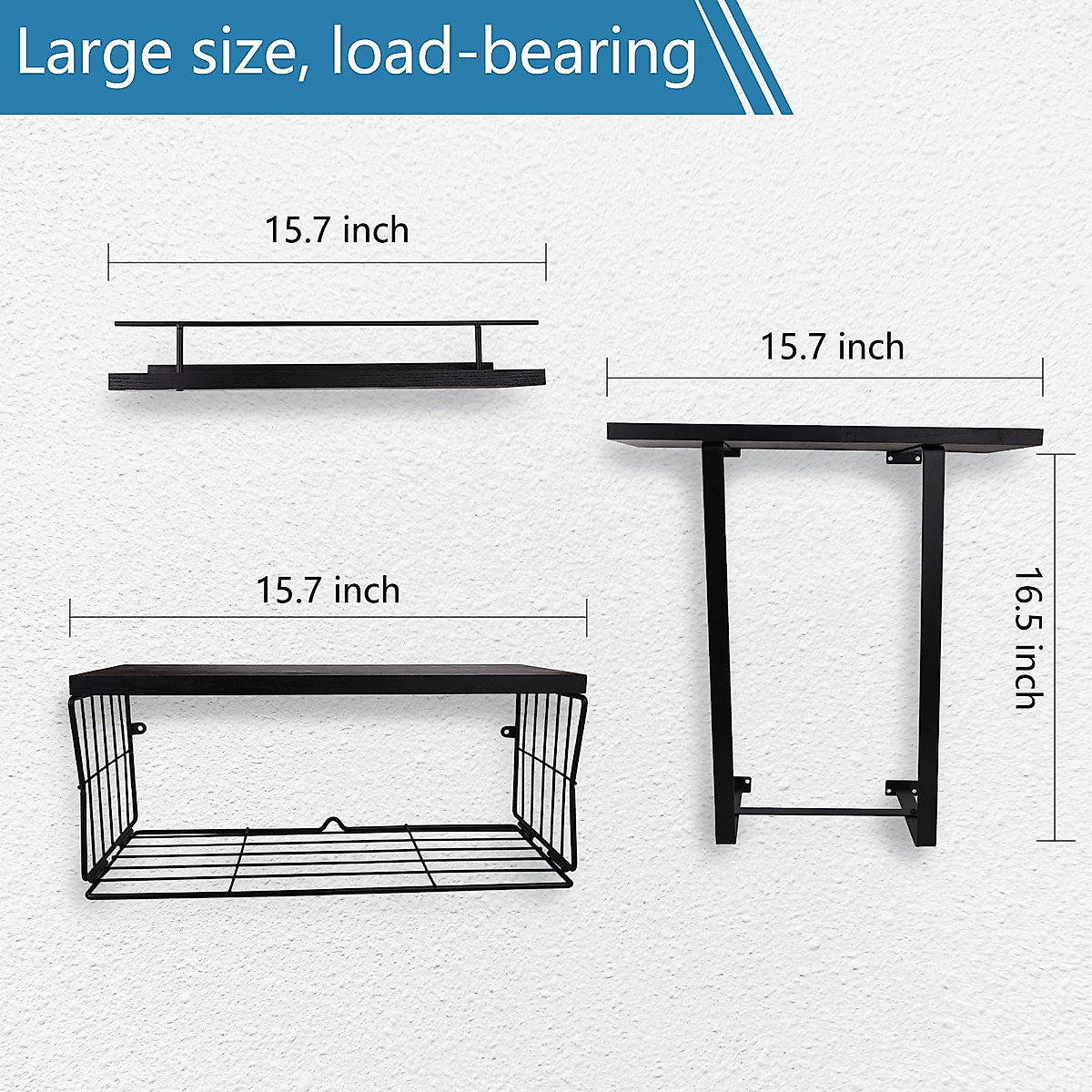 PSUTBPAT Bathroom Shelves Over Toilet for Wall，Floating Shelves Over Toilet Paper Holder，Wall Mounted Rustic Wood Storage Basket Shelves for Bedroom，Living Room & Kitchen, Black