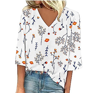 Todays Daily Deals Womens Summer Tops 3/4 Bell Sleeve V-Neck Fashion Floral Graghic Shirts Loose Lightweight Summer Vintage Blouses Beige XL