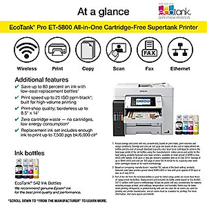 Epson EcoTank Pro ET-5800 Wireless Color All-in-One Supertank Printer with Scanner, Copier, Fax and Ethernet, White