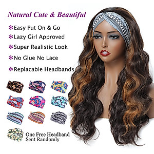 Brown Headband Wig 24 Inch Long Wavy Headband Wigs for Black Women Dark Brown Mix Blonde Highlights Loose Wave Headband Wig Synthetic Long Wigs for Women and Girls Daily Party Wear (Brown)