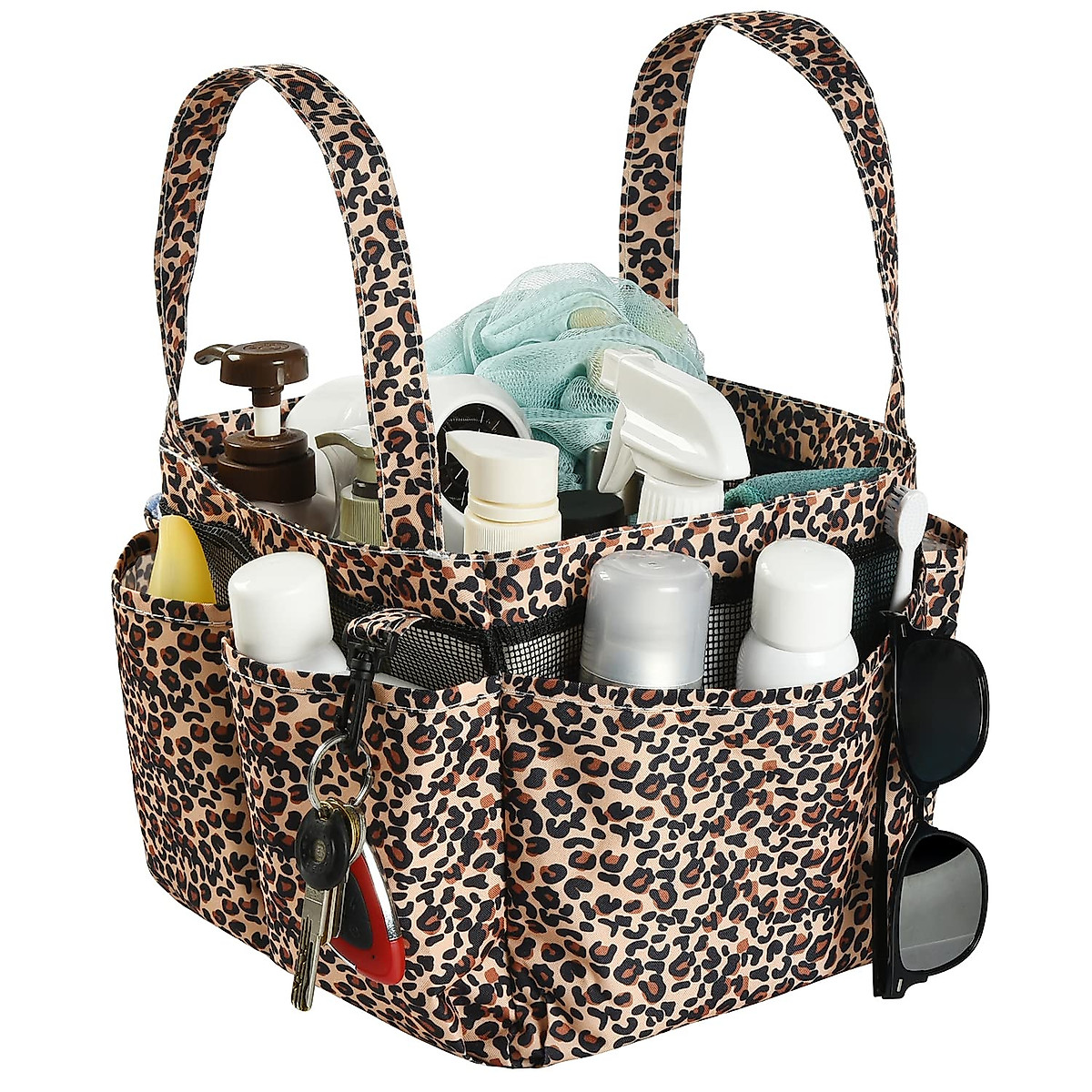 Haundry Mesh Shower Caddy Bag, Portable Basket Organizer with Key Hook for College Dorm Bathroom Camp Gym, Hanging Tote Bag with 8 Pockets, Lepoard