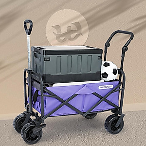 WHITSUNDAY Collapsible Folding Garden Outdoor Park Utility Wagon Picnic Camping Cart with Bearing and Brake 8" All Terrain Wheels with Push Bar (Purple)