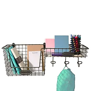 Spectrum Diversified Vintage Station, 2 Baskets with Label Plates for Entryway Storage, Sturdy Steel Hooks for Jackets, Leashes & Accessories, Rustic Farmhouse Decor, Large, Industrial Gray