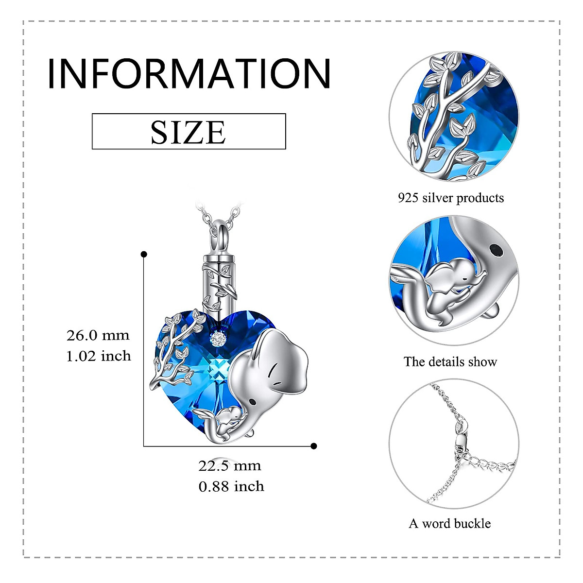 VONALA Elephant Urn Necklace for Ashes 925 Sterling Silver Heart Crystal Cremation Jewelry for Ashes Memorial Keepsake Jewelry Gifts for Women