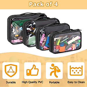 Damero 4 Packs Toy Carry Case, Toy Storage Bags with Zipper, Toy Building Blocks Board Games Storage Case, Clear Toy Organizer Bags for Travel, Playroom, Classroom, Home Organization, Black(Bag Only)