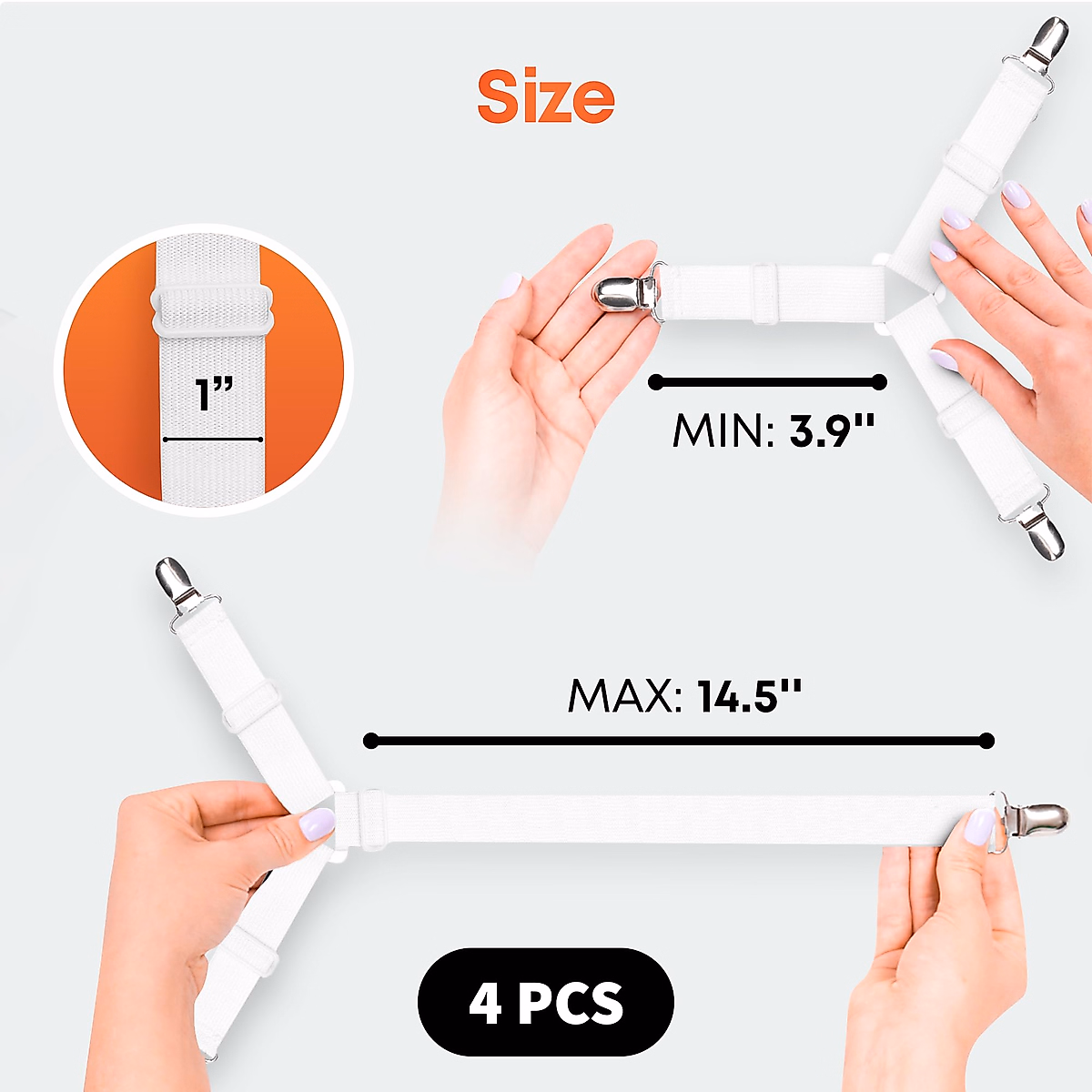 5 STARS UNITED Bed Sheet Straps Set | Easy to Use Adjustable Elastic Fasteners with Metal Clips | Sheet Holders for Corners | Fitted Sheet Clips to Hold Sheets in Place | (4 Pcs White)
