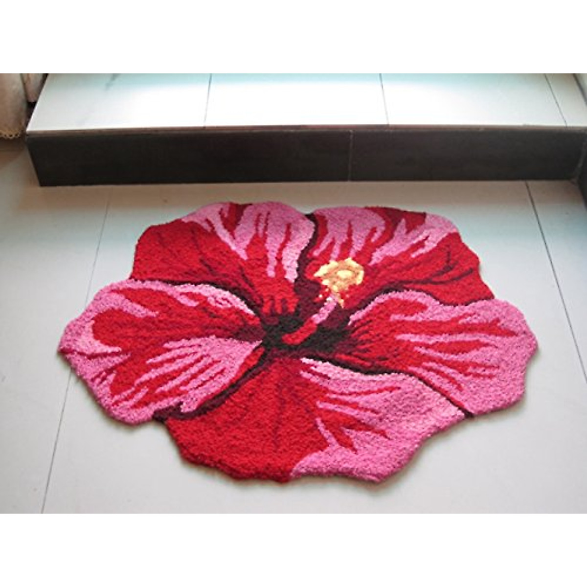 Morden Handmade Needlepoint Floor Rug Red Bathmat Flower Rug Girls Bedroom Non-Slip Rugs, Great Gift for Christmas (Hibiscus) 31.5" x 23.6"