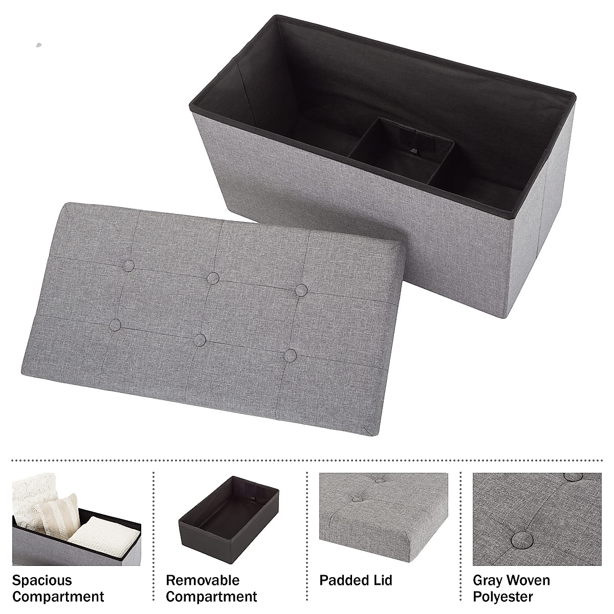 Folding Storage Ottoman - 30-Inch Tufted Footrest, Linen Chest, or Bench with Removable Bin for Living Room, Bedroom, or Dorm by Lavish Home (Gray)