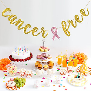 INNORU Cancer Free Banner, Cancer Surviving Party Decorations, Pink Ribbon Hope, Cancer Theme Party Decoration Gold Glitter
