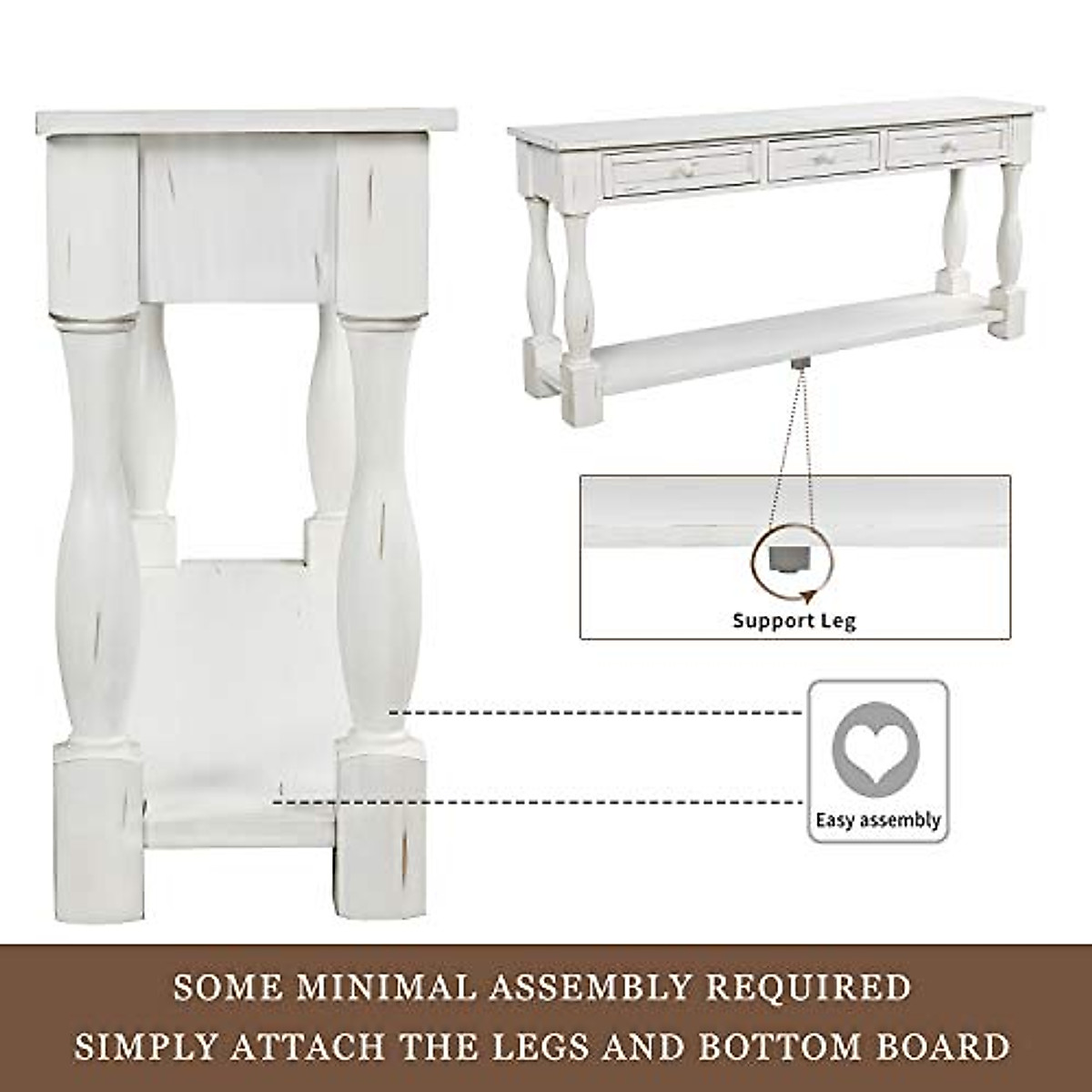 Goohome 64" Long Extra-Thick Console Table Sofa Table with 3 Drawers and Bottom Shelf, Open Countertop, Retro Mediterranean Style Solid Wood Accent Entryway Table for Hallway Living Room