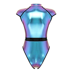 YOOJOO Women's Shiny Metallic Space Cadet Alien Galaxy Traveler Role Play Bodysuit Costumes D0559#Colorful Large