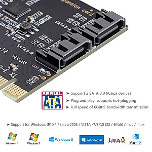 MHQJRH PCI Express SATA 3.0 Controller Card, 2-Port PCIe to SATA III 6GB / s Built-in Adapter Converter, PCI-E to SATA 3.0 Disk Array Card，with Small Bracket and 2 SATA Cable Support SSD and HDD