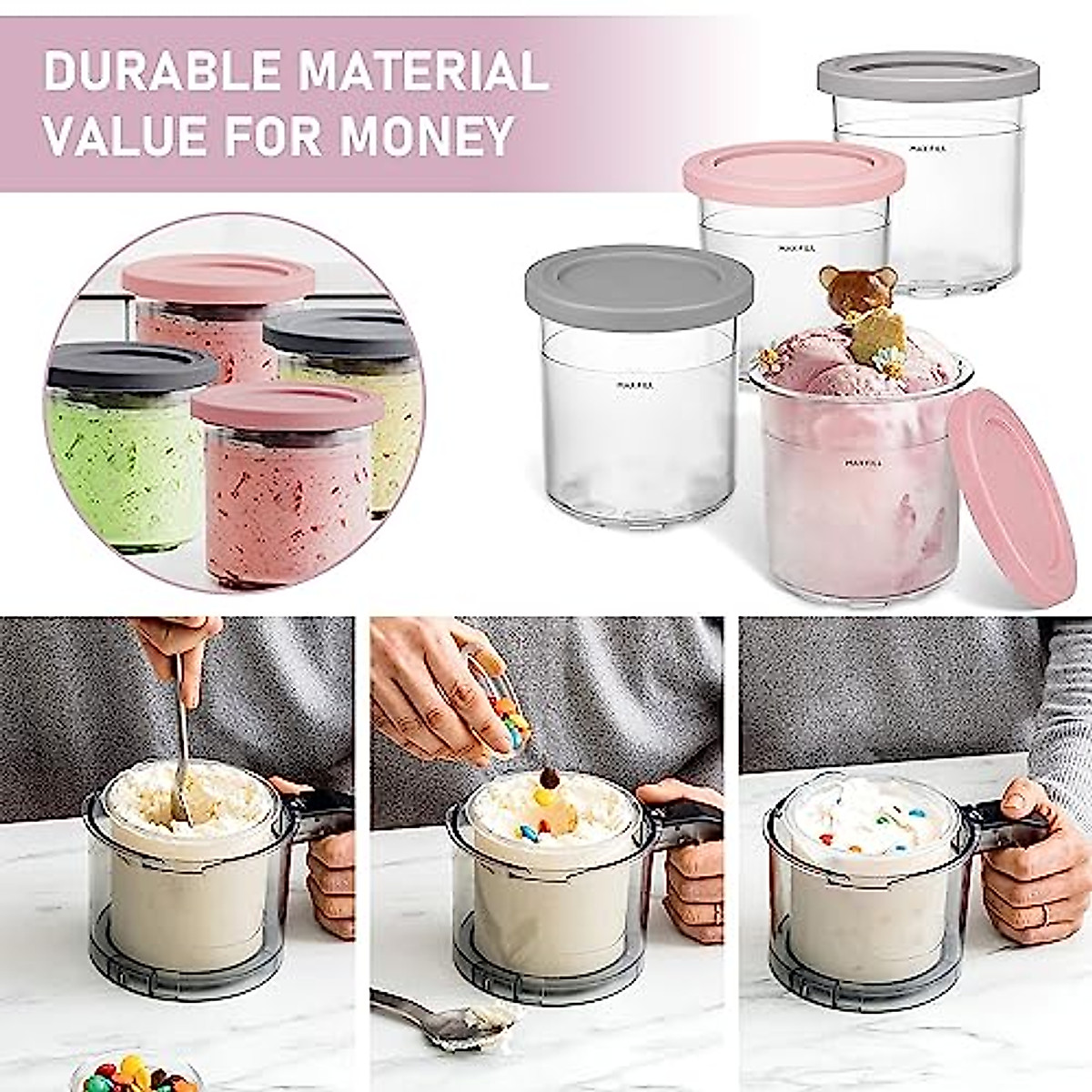 Ice Cream Machines Containers Lids BPA-Free & Dishwasher Safe, Containers Replacement Pints and Lids Compatible with NC299AMZ & NC300s Series Creami Ice Cream Makers(Pink/Grey)